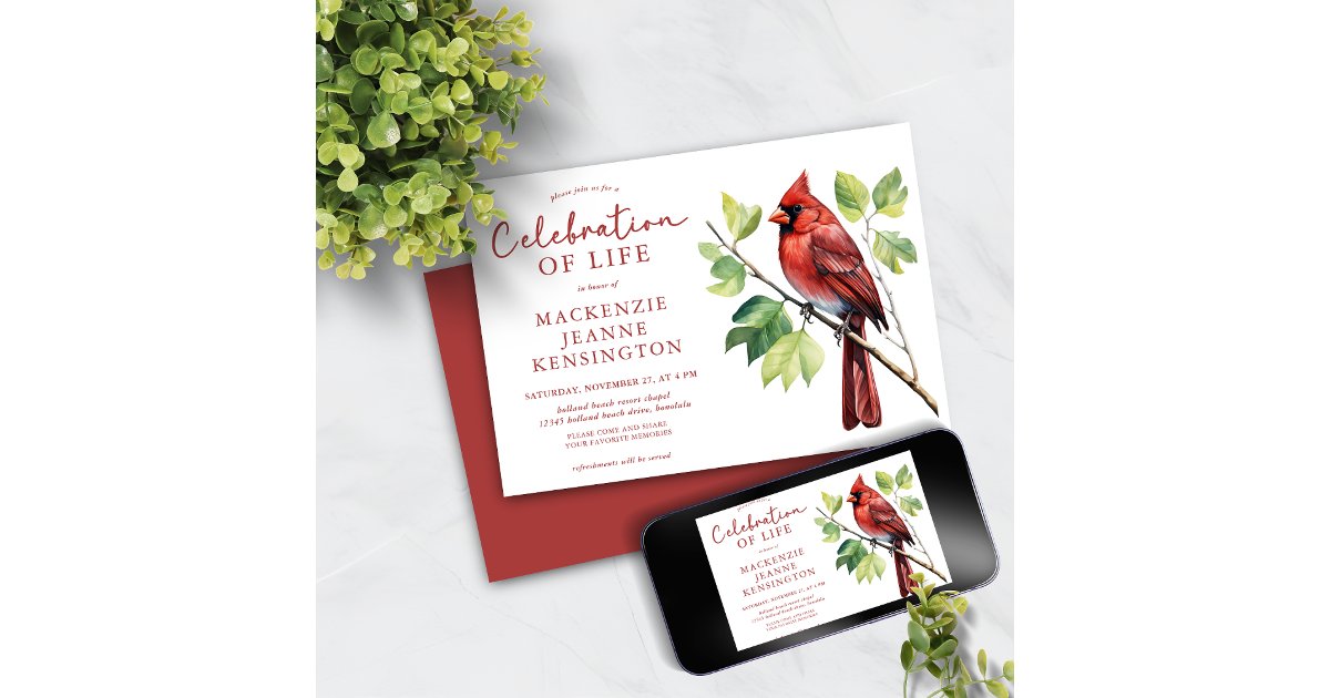 Cardinal Red Bird Celebration of Life Memorial Invitation | Zazzle