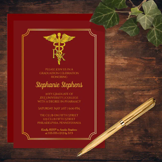 Cardinal Red | Gold Rx Pharmacy Graduation Party Invitation | Zazzle