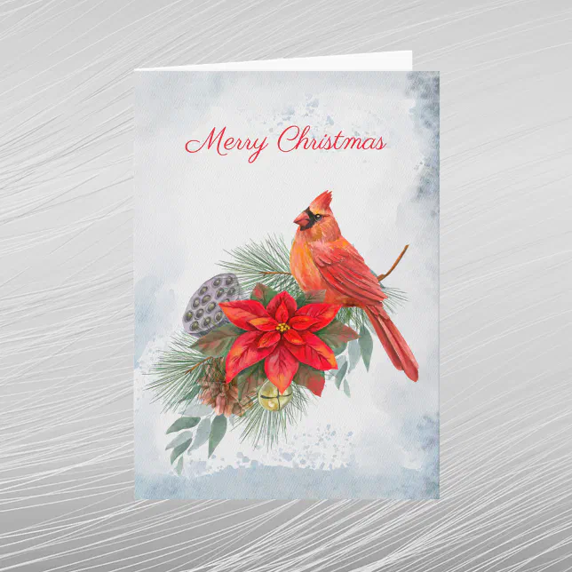 Cardinal Red Poinsettia Greenery Christmas Holiday Card | Zazzle