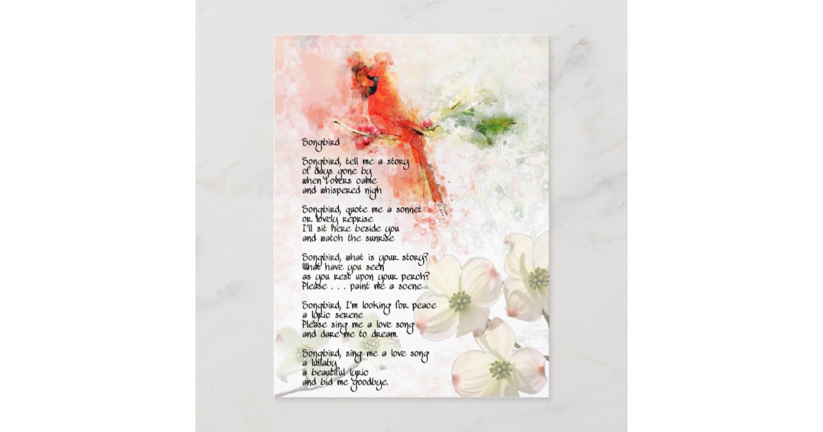 Cardinal - Songbird Poetry Love Nature Holiday Postcard | Zazzle