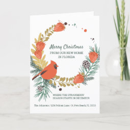 Cardinal Strawberry Christmas Wreath New Address Holiday Card | Zazzle