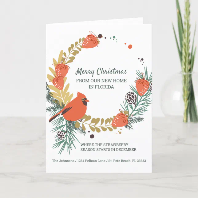 Cardinal Strawberry Christmas Wreath New Address Holiday Card | Zazzle