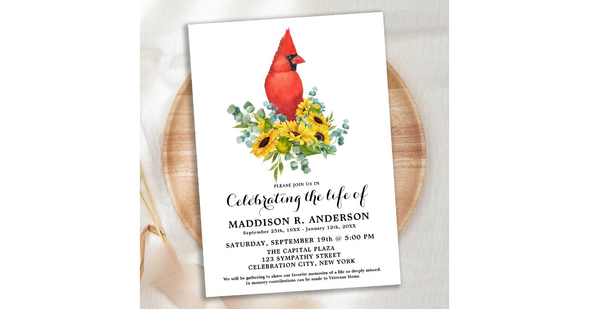 Cardinal Sunflowers Funeral Celebration Of Life Invitation | Zazzle