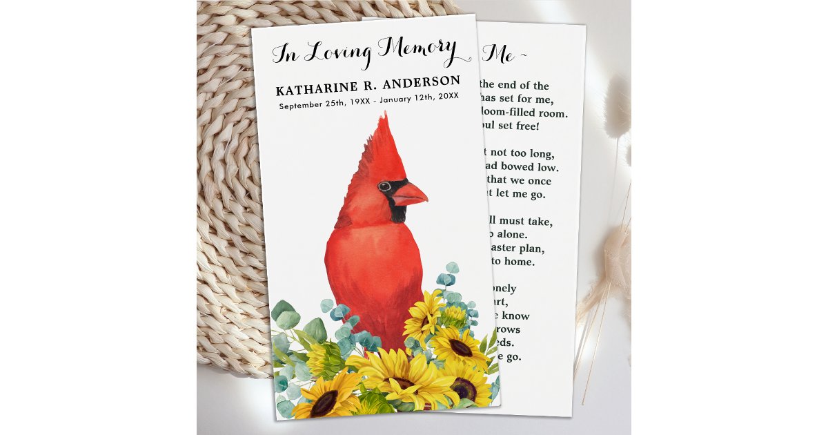Cardinal Sunflowers Memorial Funeral Prayer Card | Zazzle