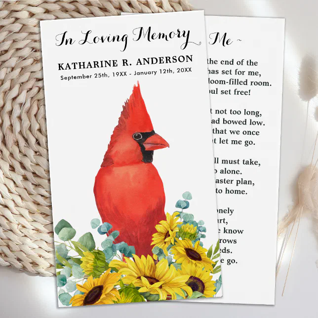 Cardinal Sunflowers Memorial Funeral Prayer Card | Zazzle