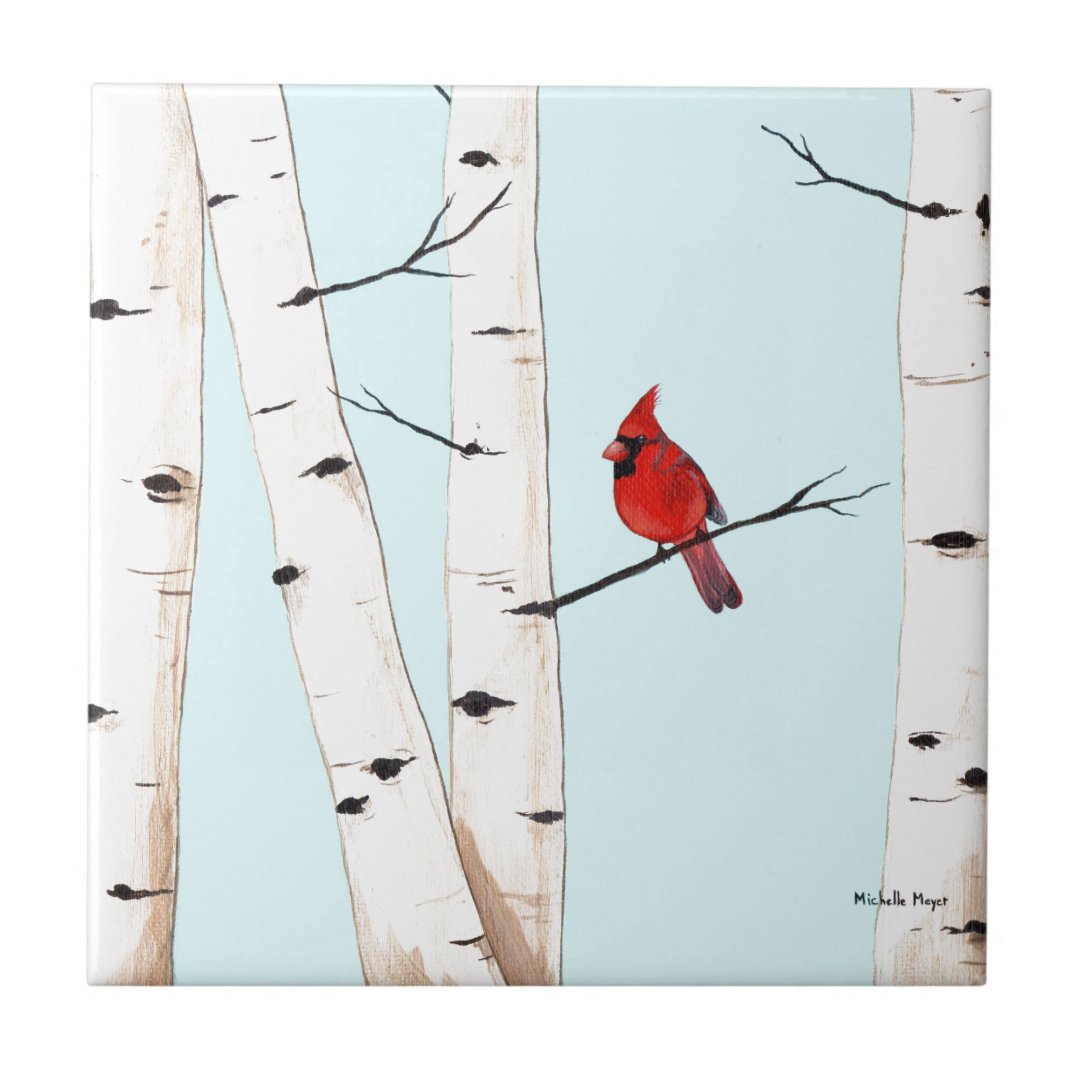Cardinal with Birch Trees Ceramic Tile | Zazzle
