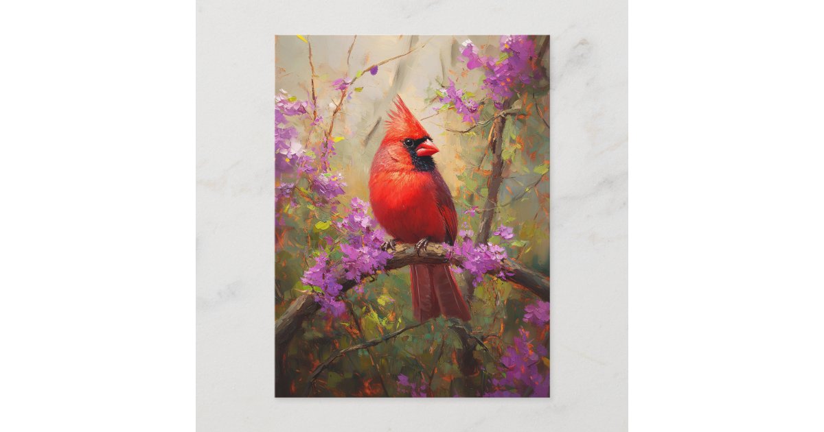 Cardinal with Purple Flowers Postcard | Zazzle
