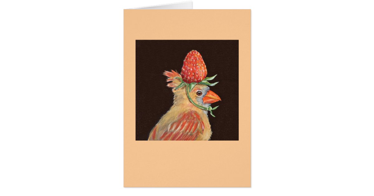cardinal with strawberry hat card | Zazzle