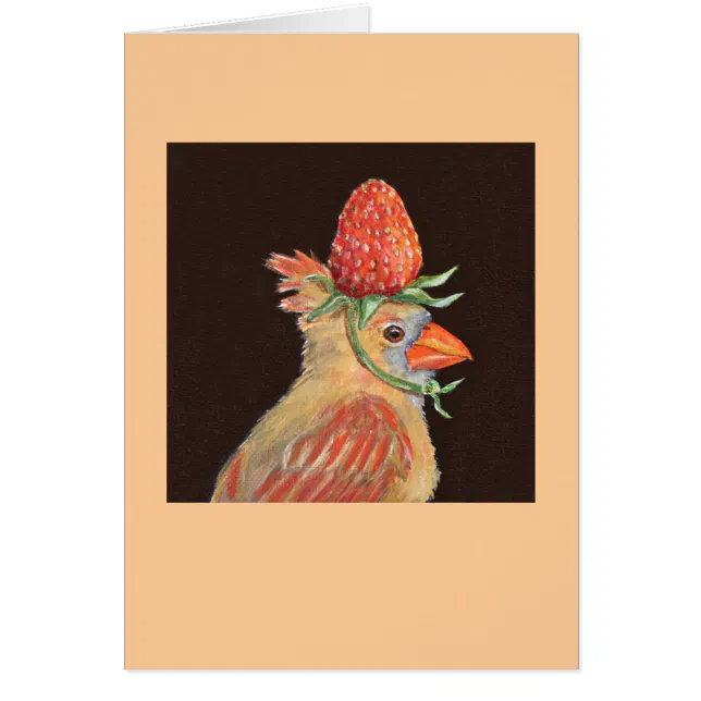 cardinal with strawberry hat card | Zazzle