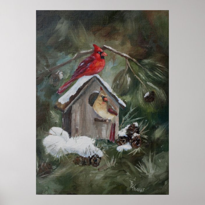 Cardinals on Snowy Birdhouse Poster | Zazzle.com