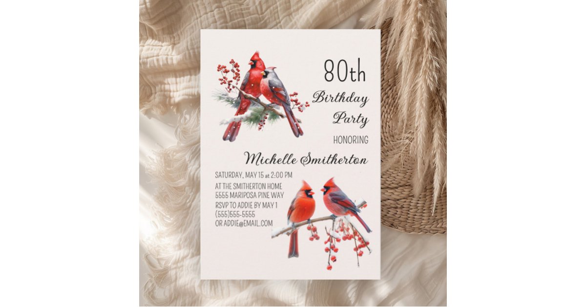 Cardinals Snow Winter Birds 80th Birthday Invitation | Zazzle