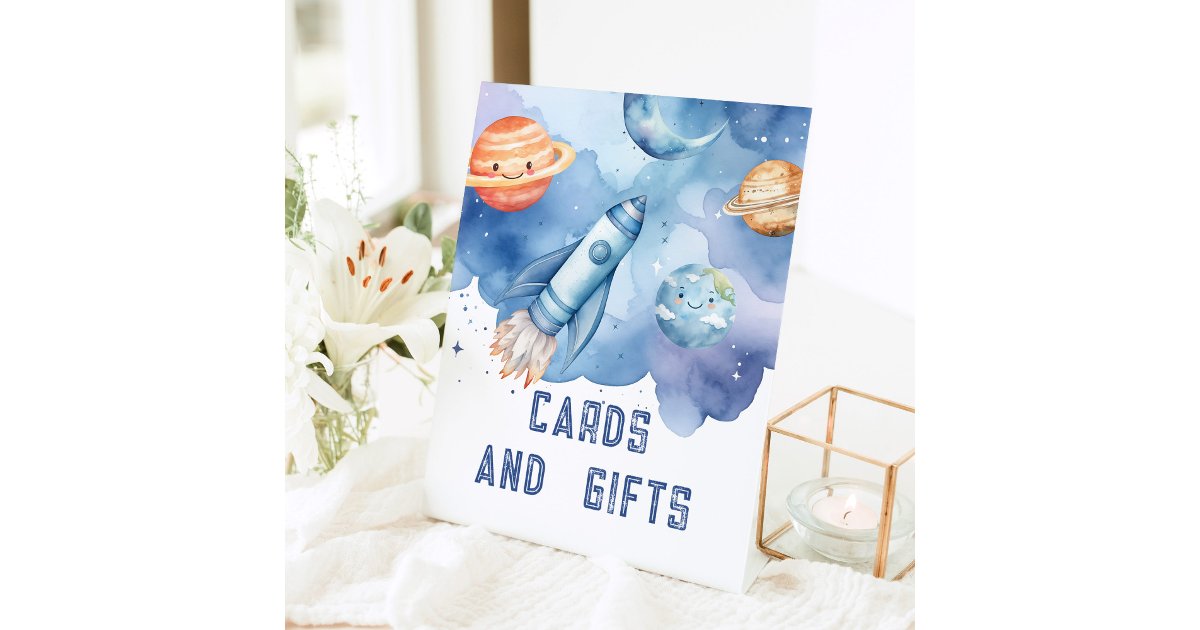 Cards and gift Outer Space planets birthday party Pedestal Sign | Zazzle