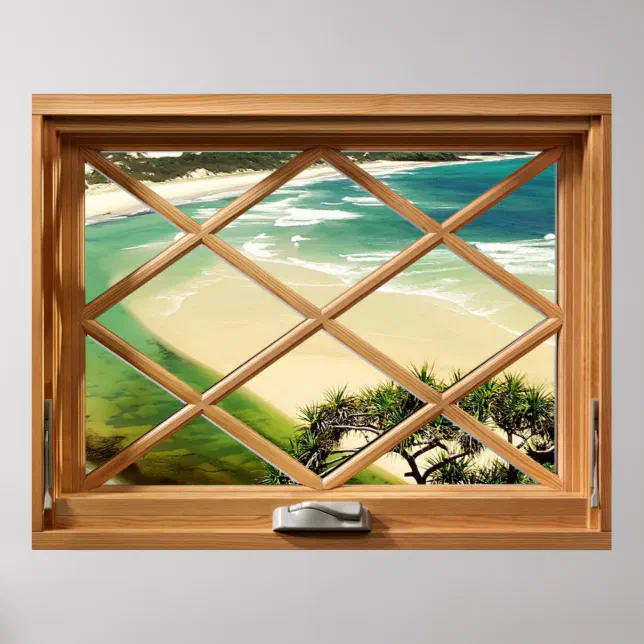 Caribbean Beach - Green Sea View Faux Fake Window Poster | Zazzle