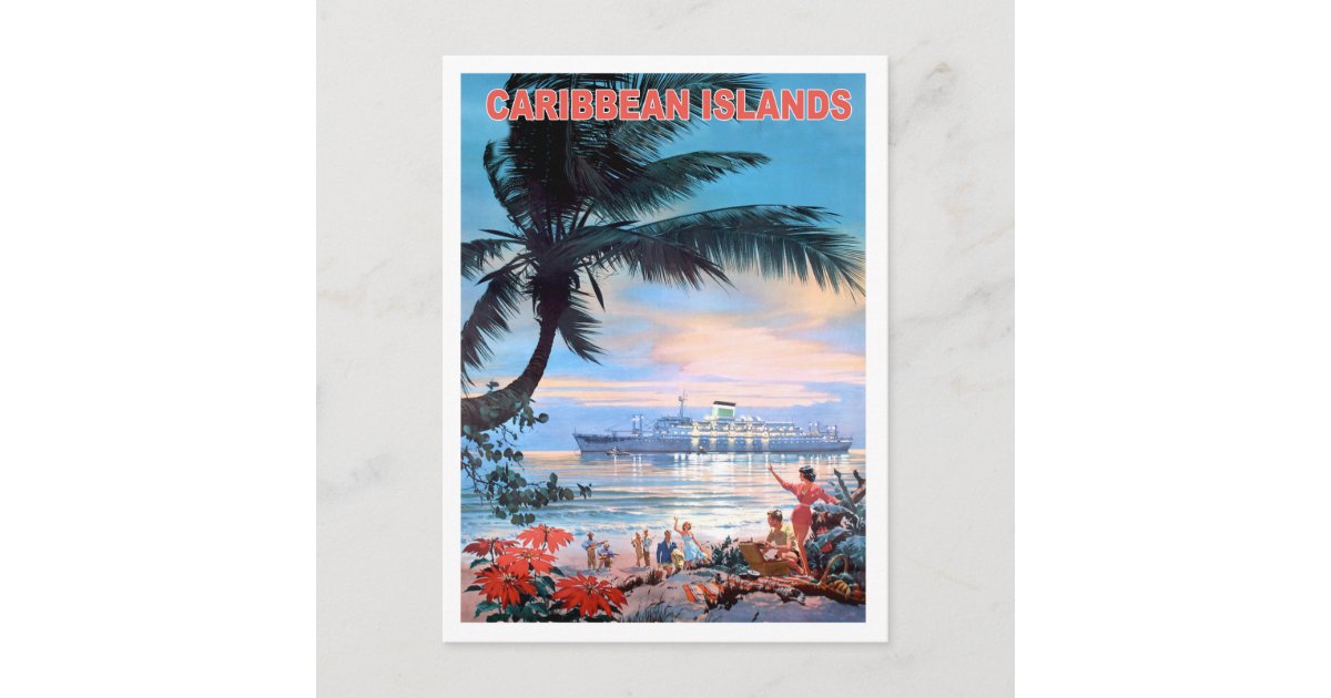 Caribbean islands, cruiser ship, vintage travel postcard | Zazzle