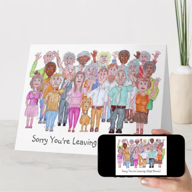 Caricatures of Sad People Waving Goodbye Card | Zazzle