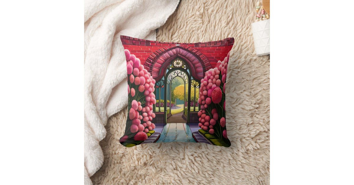 Carnations Adorn Gate: Welcome to Secret Garden Throw Pillow | Zazzle