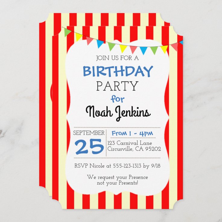 Carnival Circus Stripe Popcorn Party Invitation | Zazzle