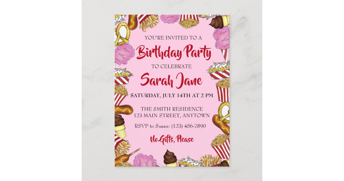 Carnival State Fair Foods Birthday Party Invitation Postcard | Zazzle