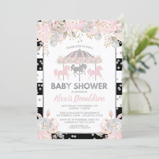 Carousel Baby Shower Invitation Silver floral | Zazzle