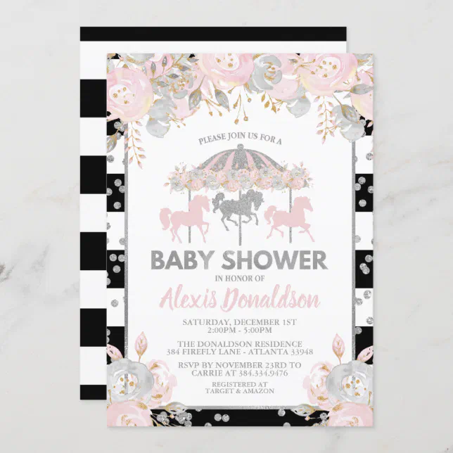 Carousel Baby Shower Invitation Silver floral | Zazzle