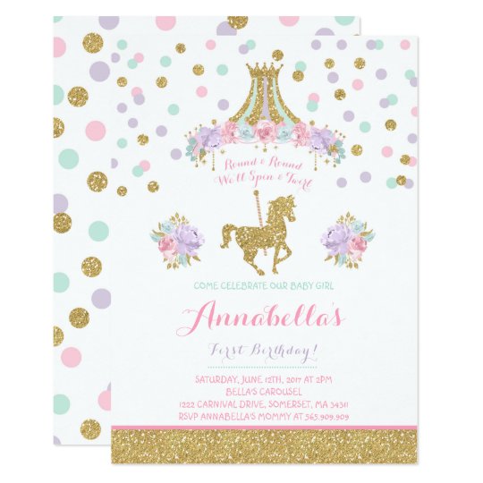 Carousel Birthday Invitation Floral Pink Mint Gold | Zazzle.com