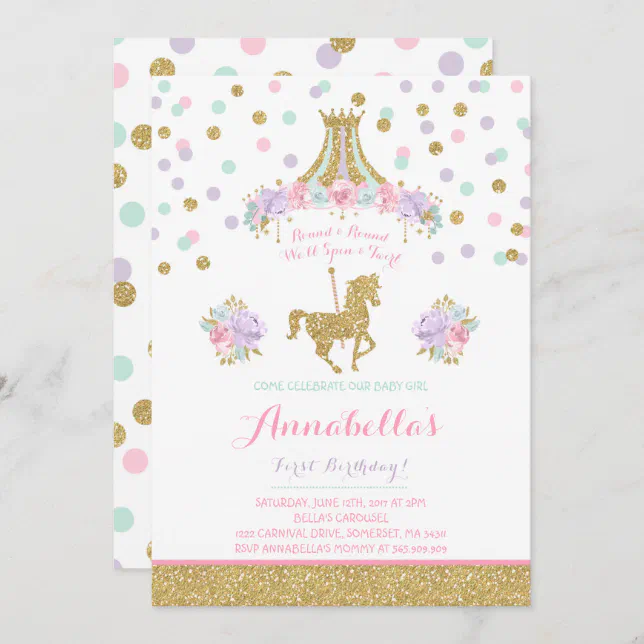 Carousel Birthday Invitation Floral Pink Mint Gold | Zazzle