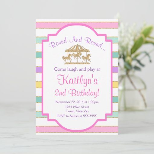Carousel Birthday Invitation Girl Pink Glitter | Zazzle