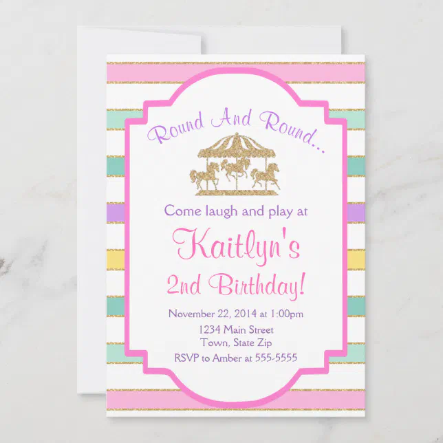 Carousel Birthday Invitation Girl Pink Glitter | Zazzle