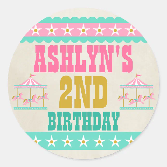 Carousel Birthday Party Personalized Classic Round Sticker | Zazzle
