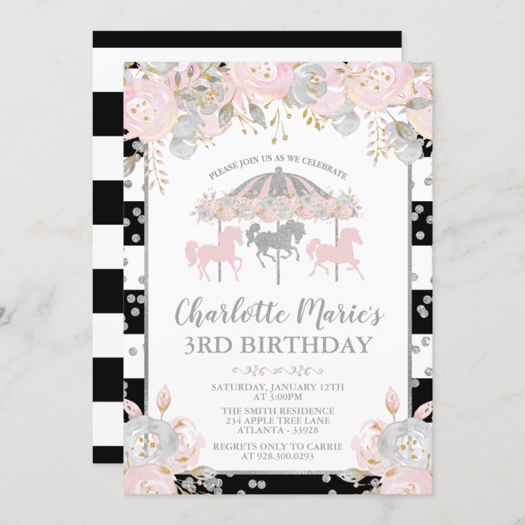 Carousel pink and silver birthday invitation | Zazzle