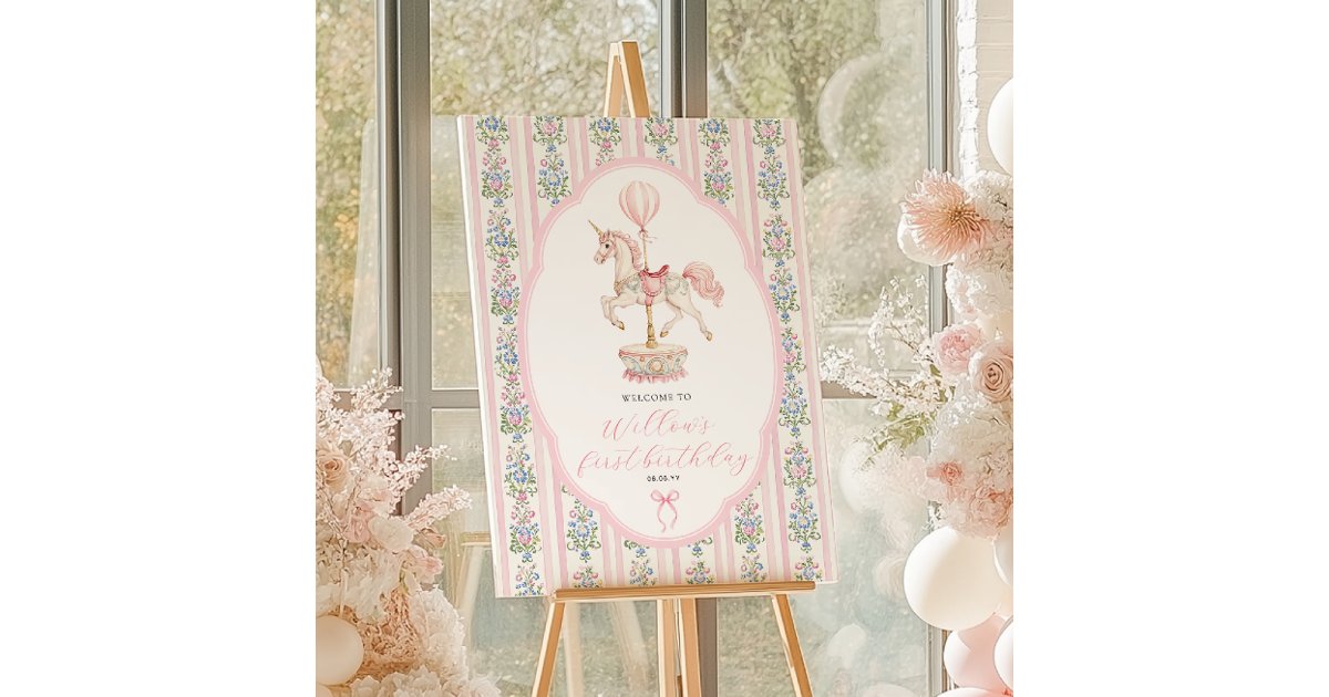 Carousel Pink First Birthday Welcome Foam Board | Zazzle