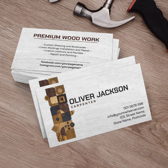 Carpenter services geometric wooden collage business card | Zazzle