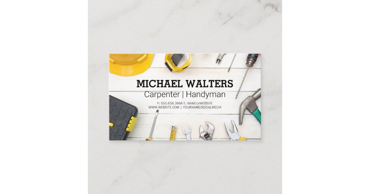 Carpentry Building Tools on Wood Table Business Card | Zazzle