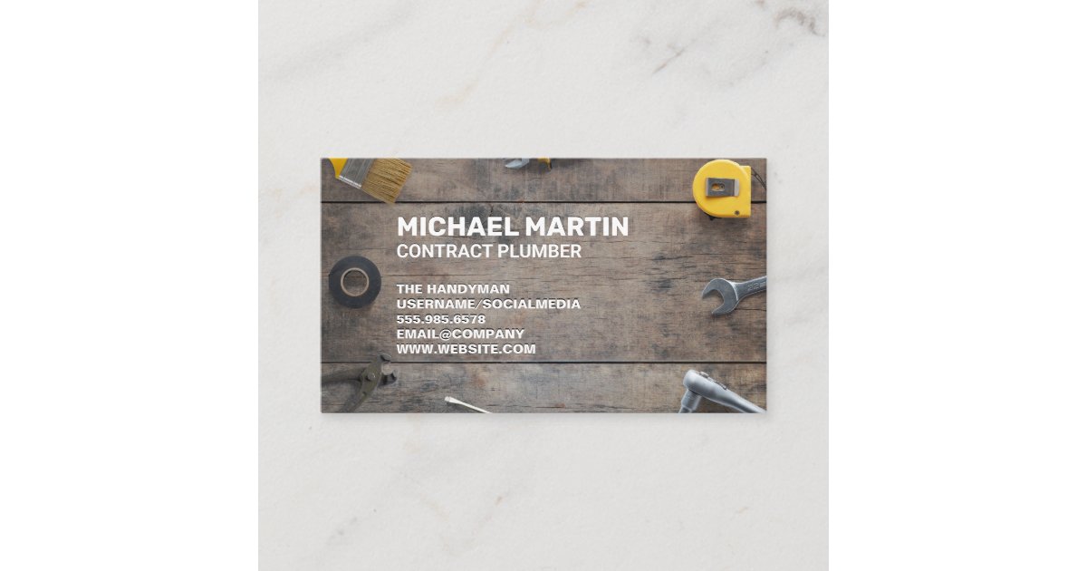 Carpentry Tools Laid out on Wood Table Business Card | Zazzle