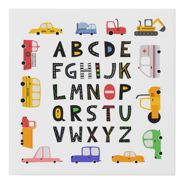 Cars and Trucks Alphabet Nursery Kids Room Faux Canvas Print | Zazzle