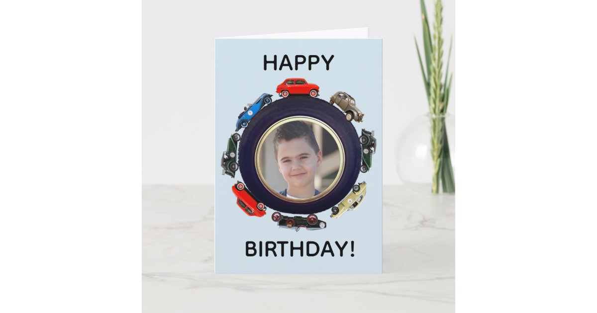 Cars and Tyre Photo Birthday Card | Zazzle