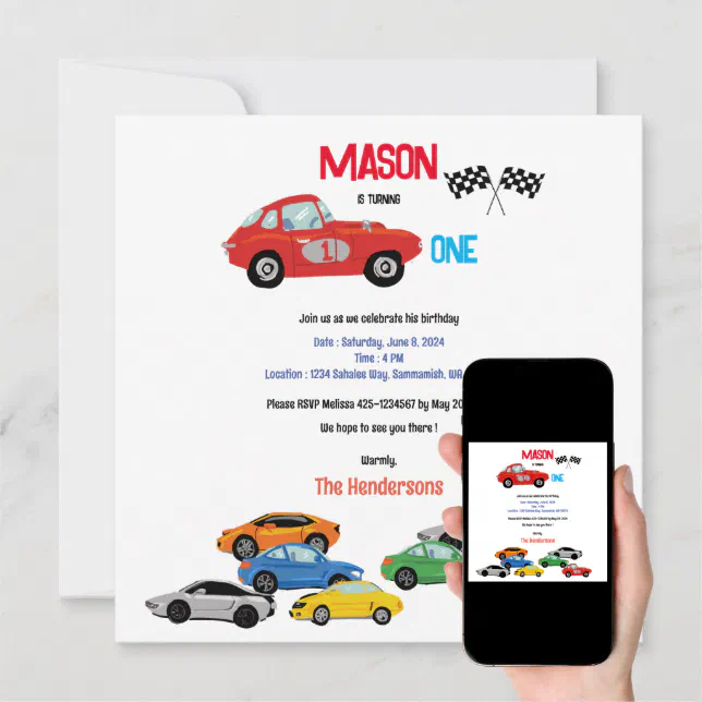 Cars themed first birthday party invitation | Zazzle