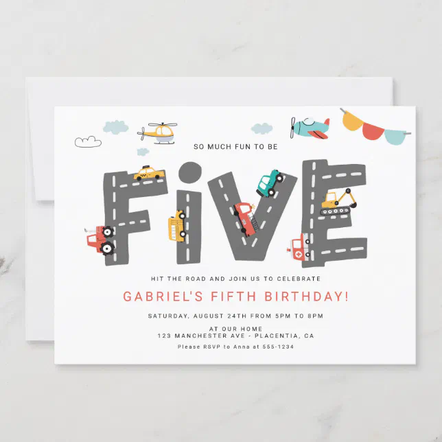 Cars & Trucks City Transportation FIFTH Birthday Invitation | Zazzle