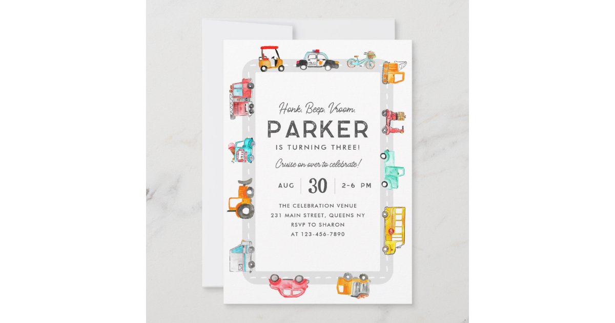 Cars Trucks Street Kids Transportation Birthday Invitation | Zazzle