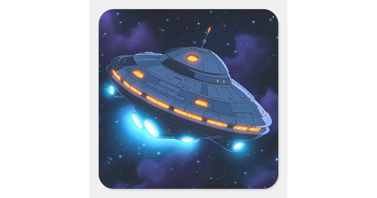 Cartoon Alien Spaceship Square Sticker | Zazzle