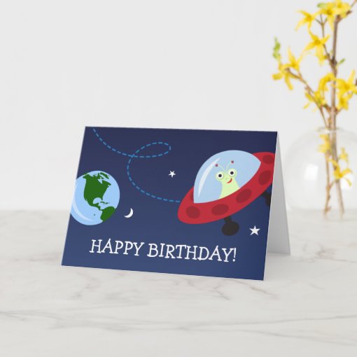 Cartoon alien with spaceship Happy Birthday card | Zazzle