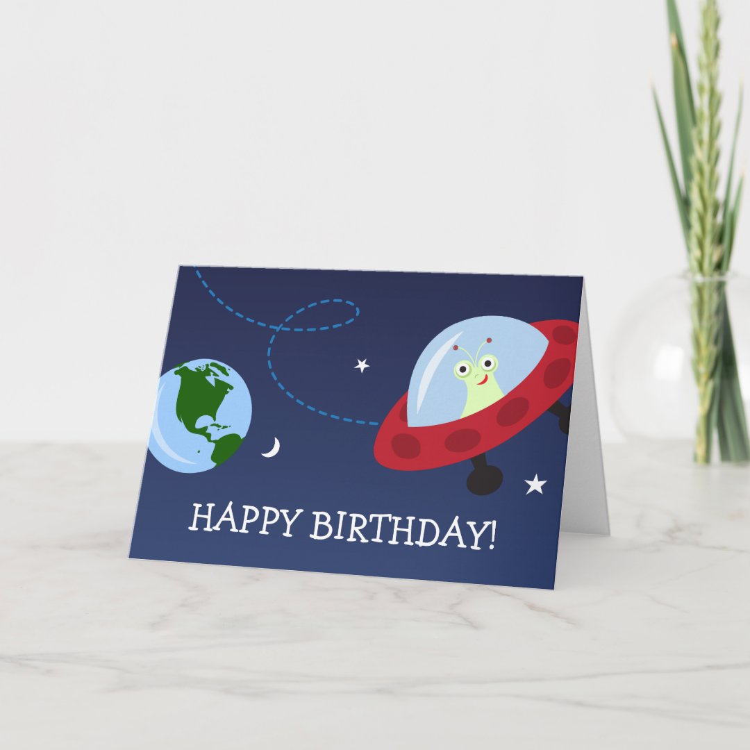 Cartoon alien with spaceship Happy Birthday card | Zazzle