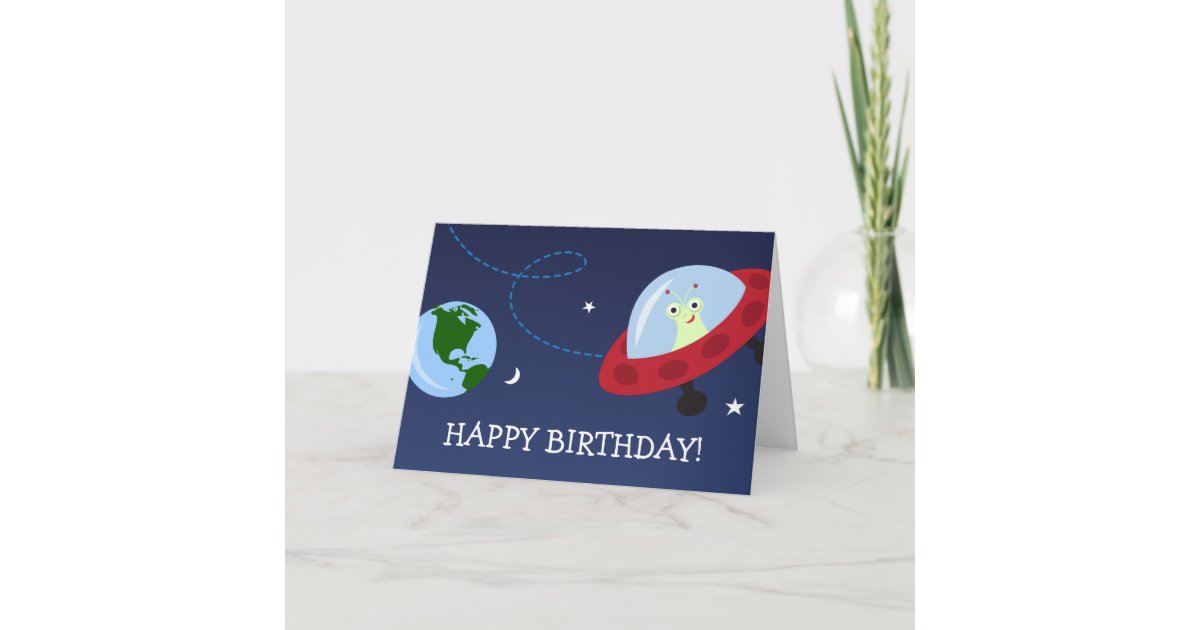 Cartoon alien with spaceship Happy Birthday card | Zazzle