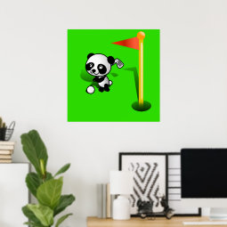 Cartoon Baby Panda Bear Golfing on the Green Poster | Zazzle