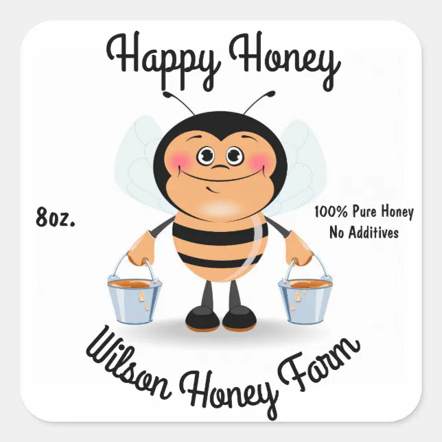 Cartoon Bee Honey Business Jar Label Sticker | Zazzle