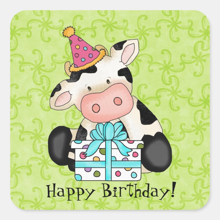 Cartoon Birthday Cow Party Sticker | Zazzle