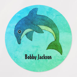 Cartoon Blue and White Jumping Dolphin Blue Green Kids' Labels | Zazzle