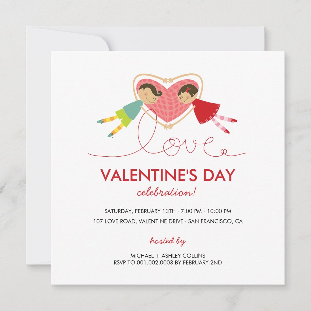 Cartoon Boy Hearts Girl Love Valentine Party Card | Zazzle