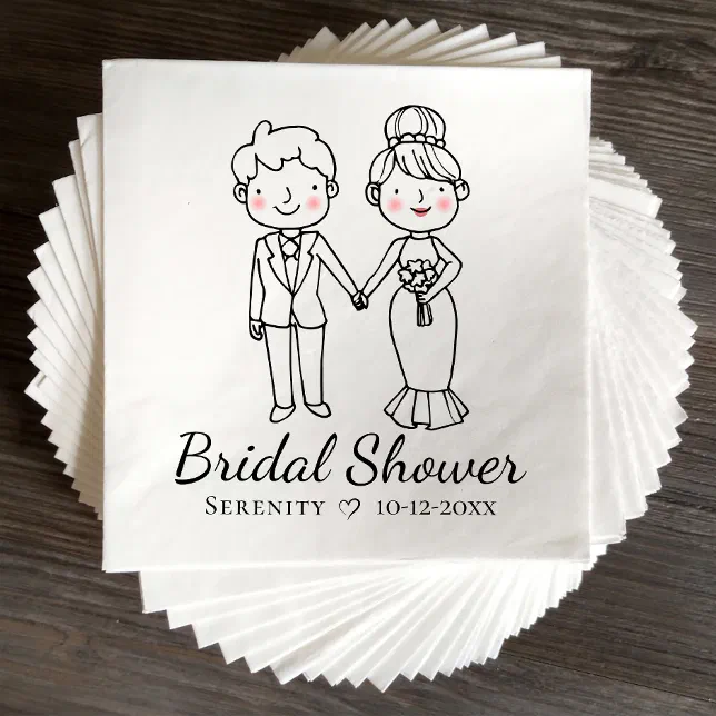 Cartoon Bride Groom Black White Bridal Shower Napkins | Zazzle