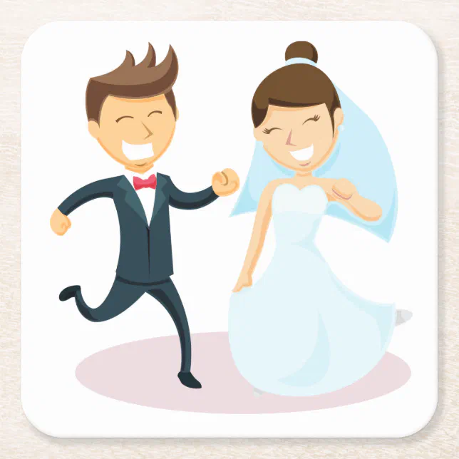 Cartoon Bride & Groom Dancing Wedding Just Married Square Paper Coaster ...